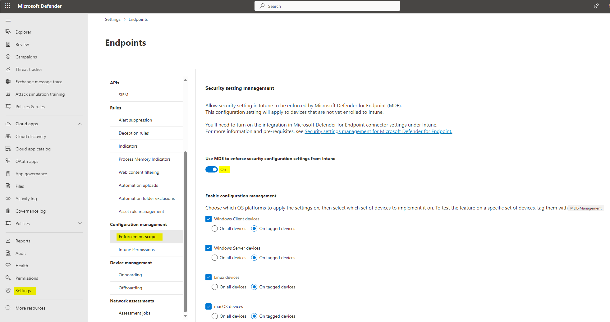 Defender for Endpoint security settings management summary